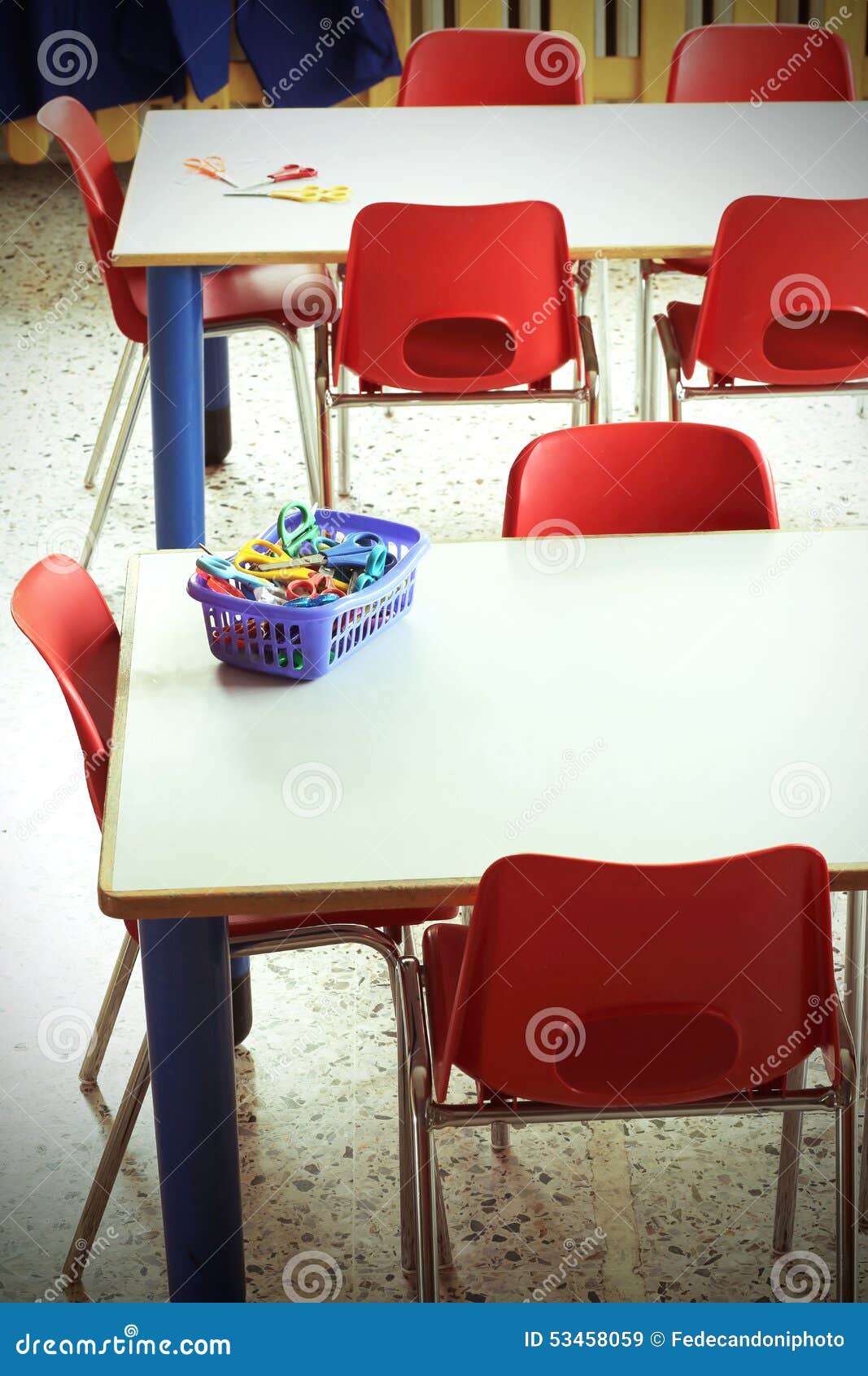 Classroom with Red Chairs in the Kindergarten Stock Image - Image of ...