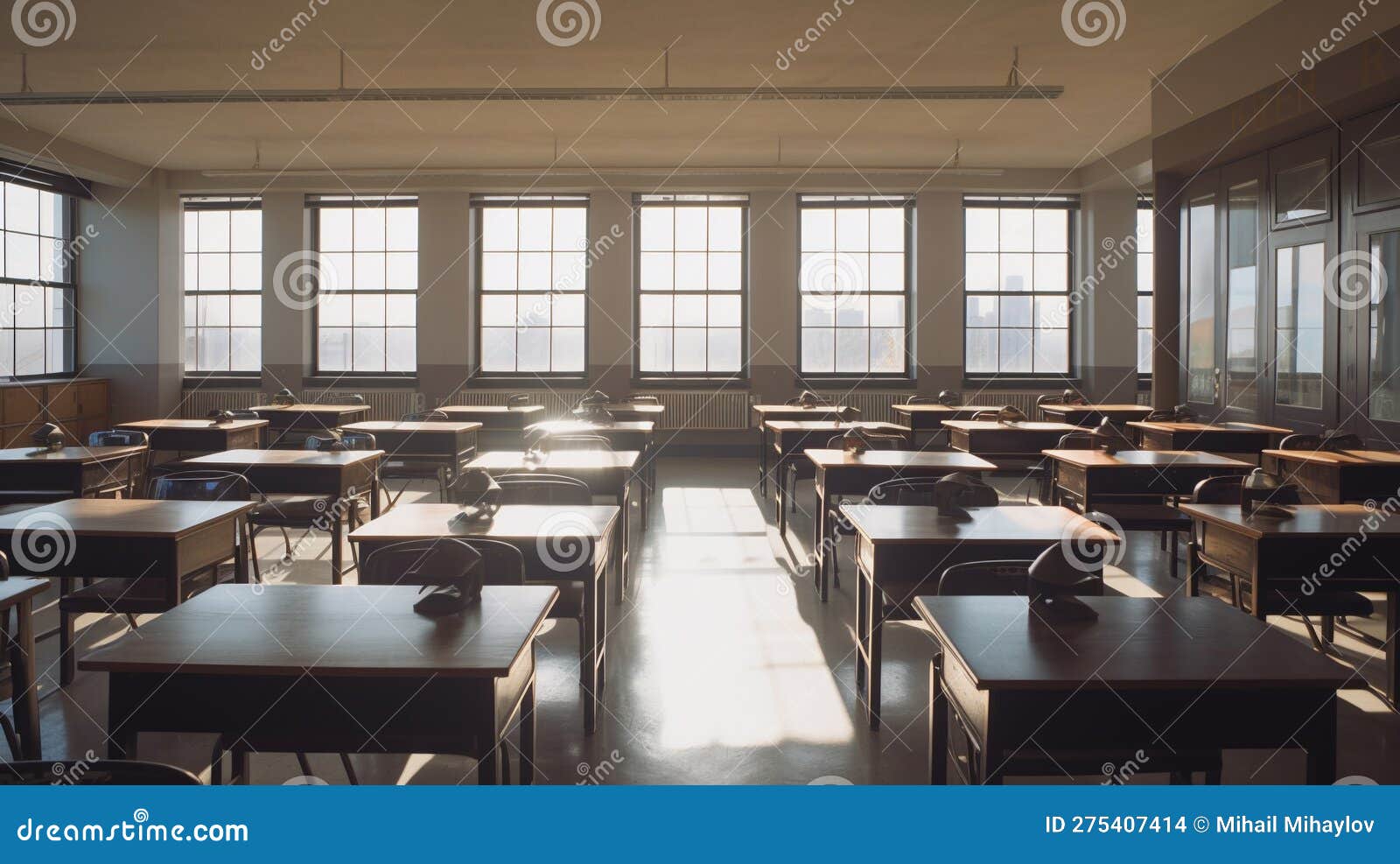 Classroom with Rows of Desks and Chairs Arranged in an Organized Manner ...