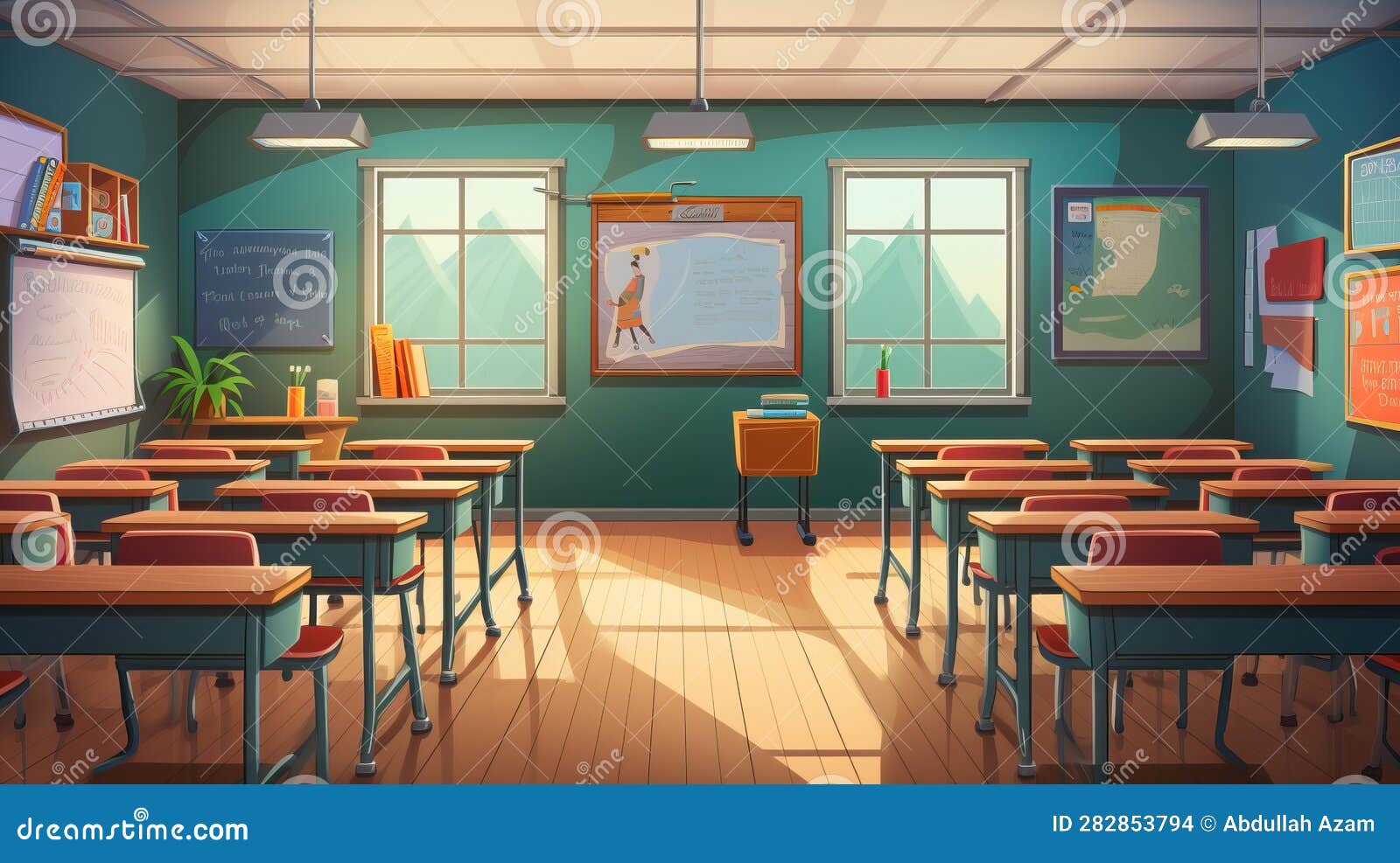 Classroom with Rows of Desks. Back To School Background, 2d Cartoon ...