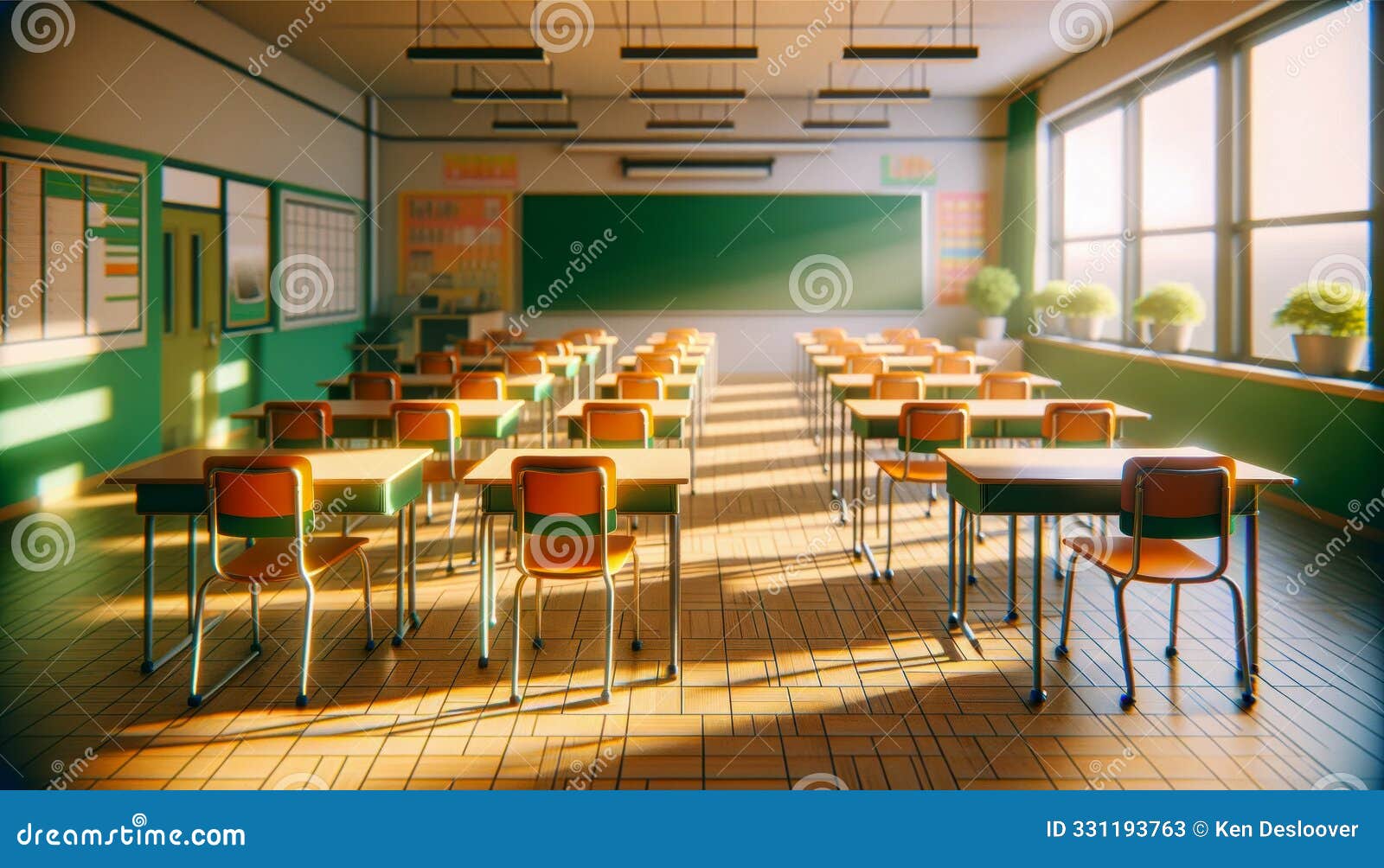 Classroom with Rows of Desks and Sunlight. Stock Image - Image of ...