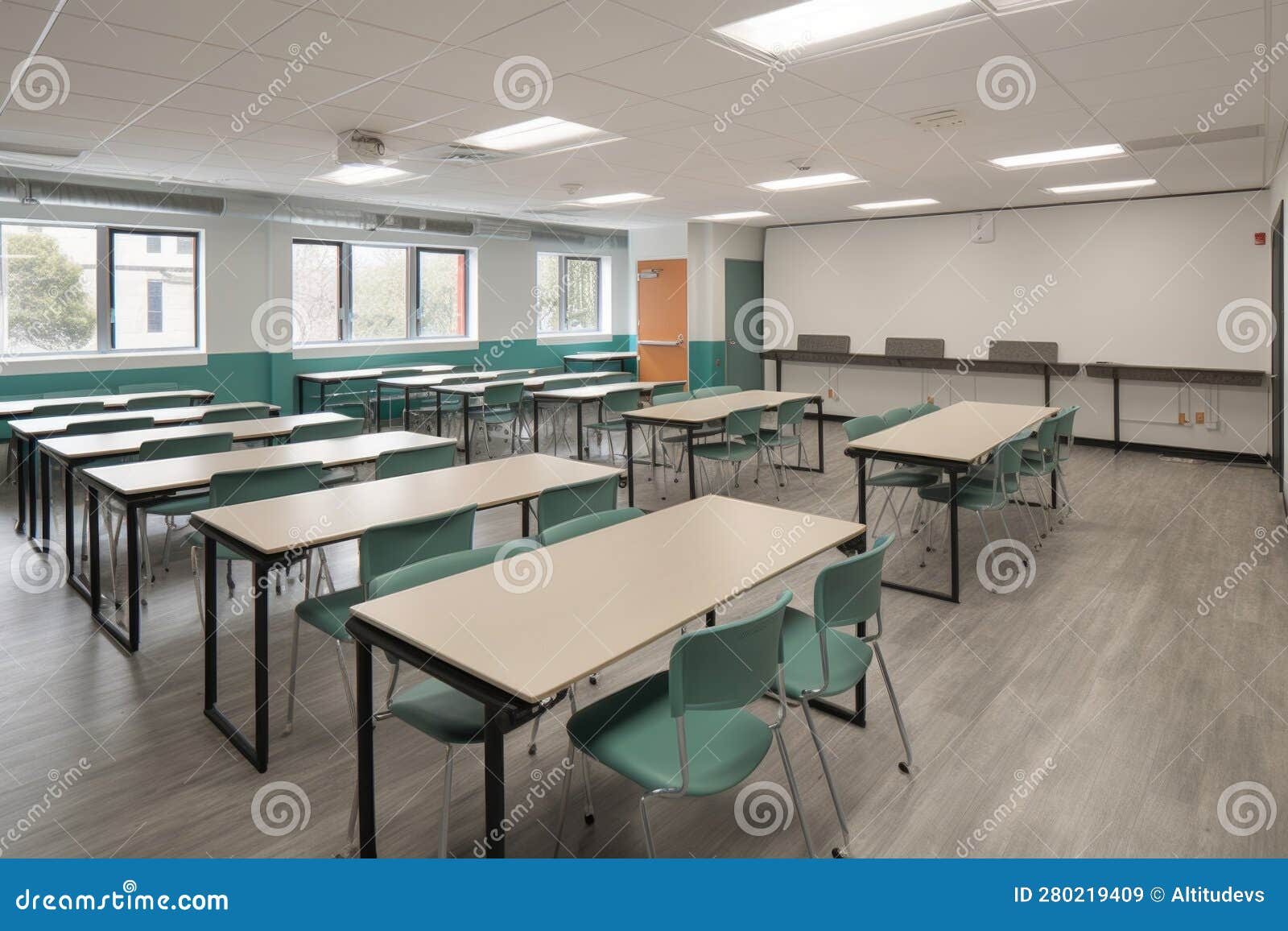 Classroom with Rows of Tables and Chairs, Ready for Students To Take ...
