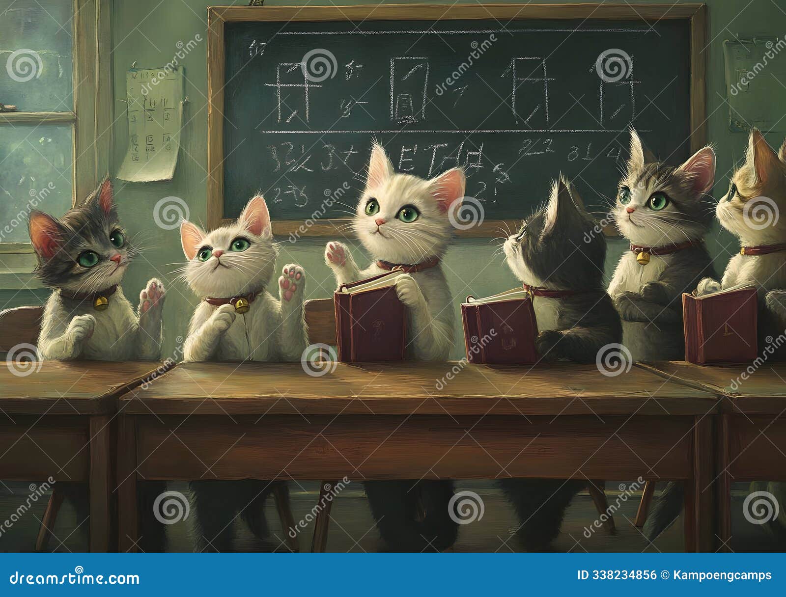 A Classroom Scene Featuring Cats As Students, Engaging with Books and a ...