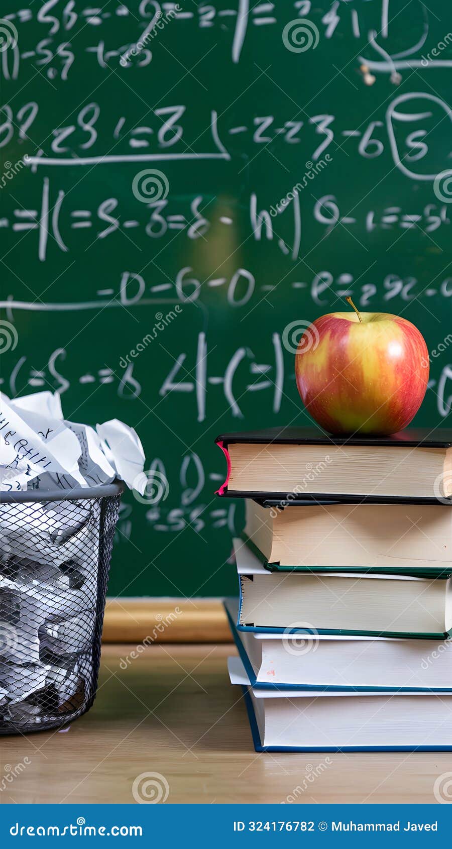 Green Chalkboard with Formulas Books and Apple Symbolize Learning Stock ...