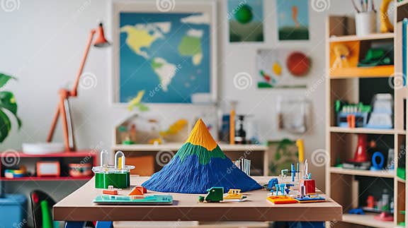 A Classroom Scene Featuring a Model Volcano on a Table, Surrounded by ...