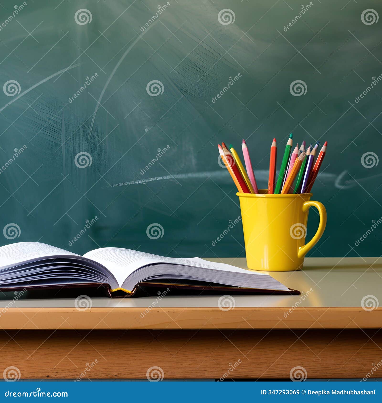 Classroom or School Building, Book and Pencil on Table with Classroom ...