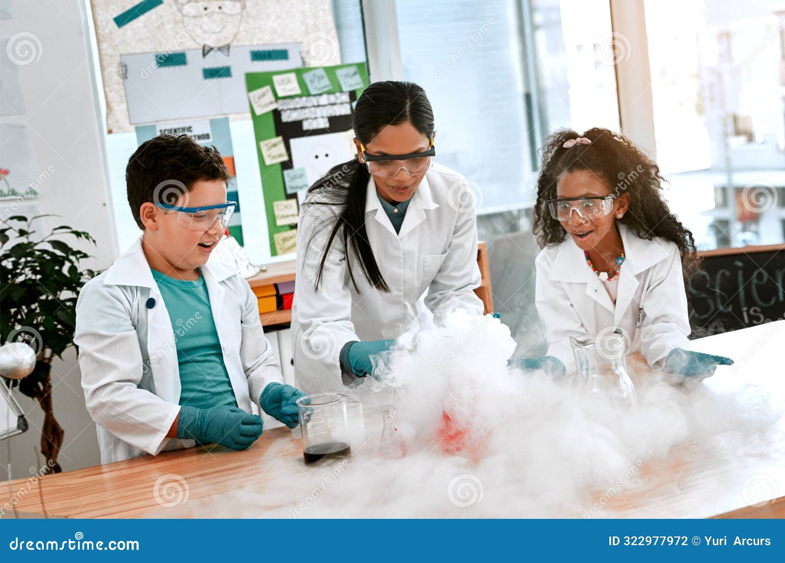 Classroom, Science or Smoke with Teacher and Students at Table in Lab ...