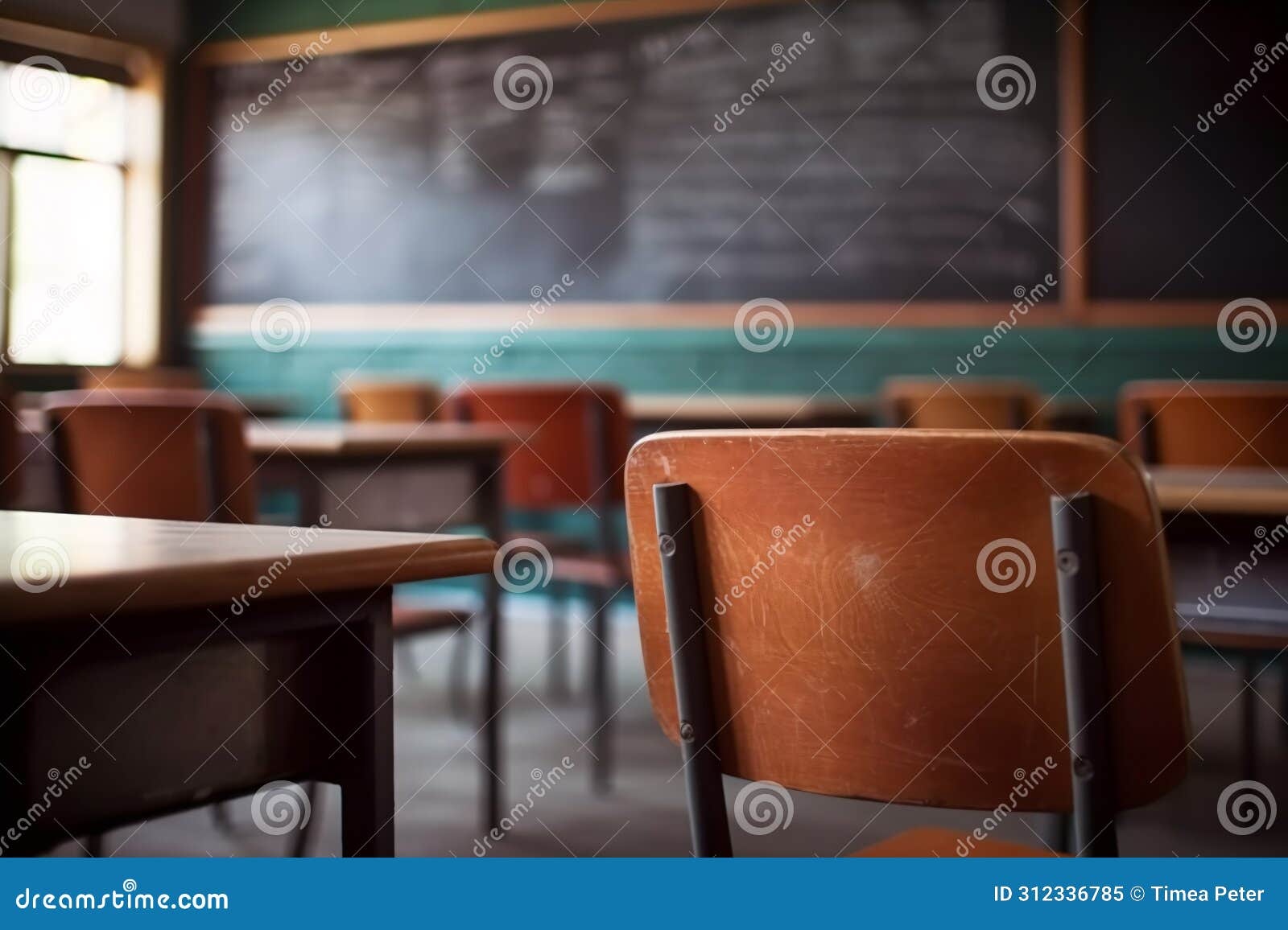 Classroom Setup: School Chairs and Blurred Blackboard Background Stock ...