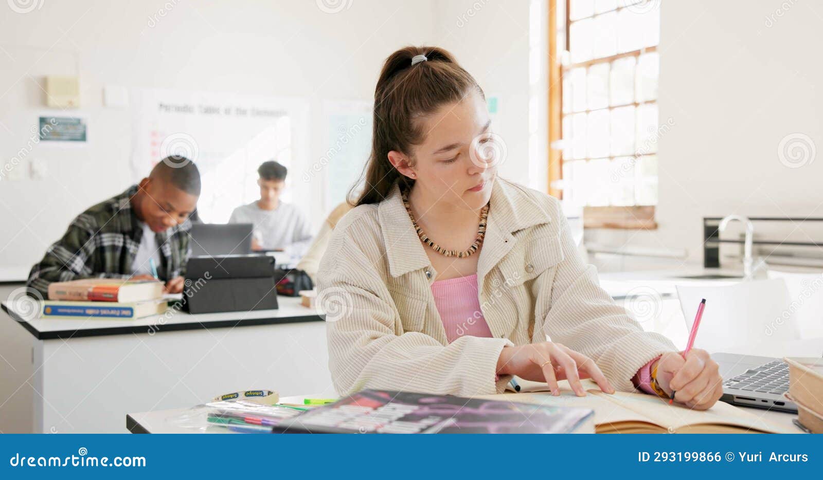 Classroom, Student and Girl Writing, Education and Notebook with ...