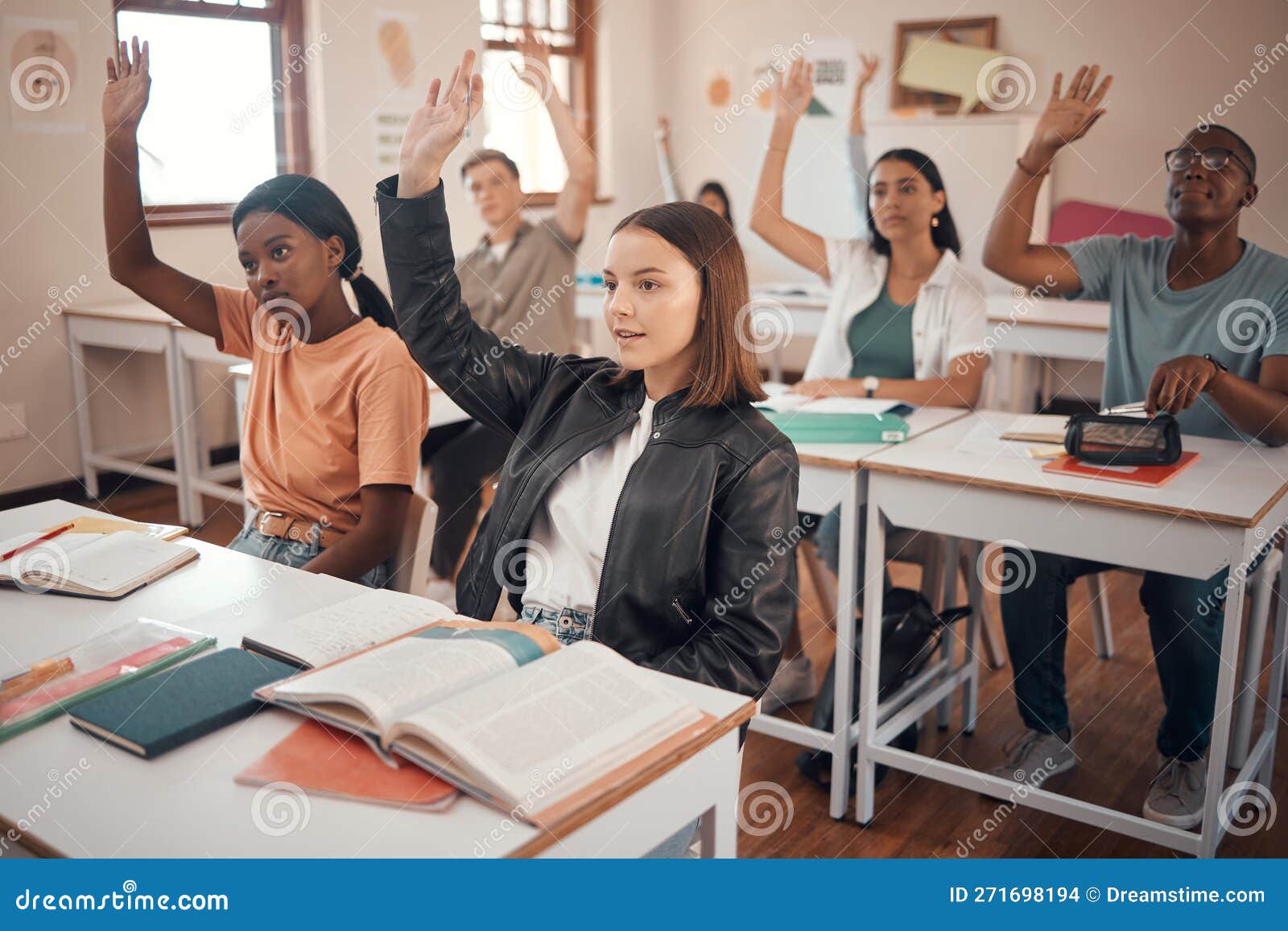 Classroom, Students and Hands for Question, Knowledge or Education with ...