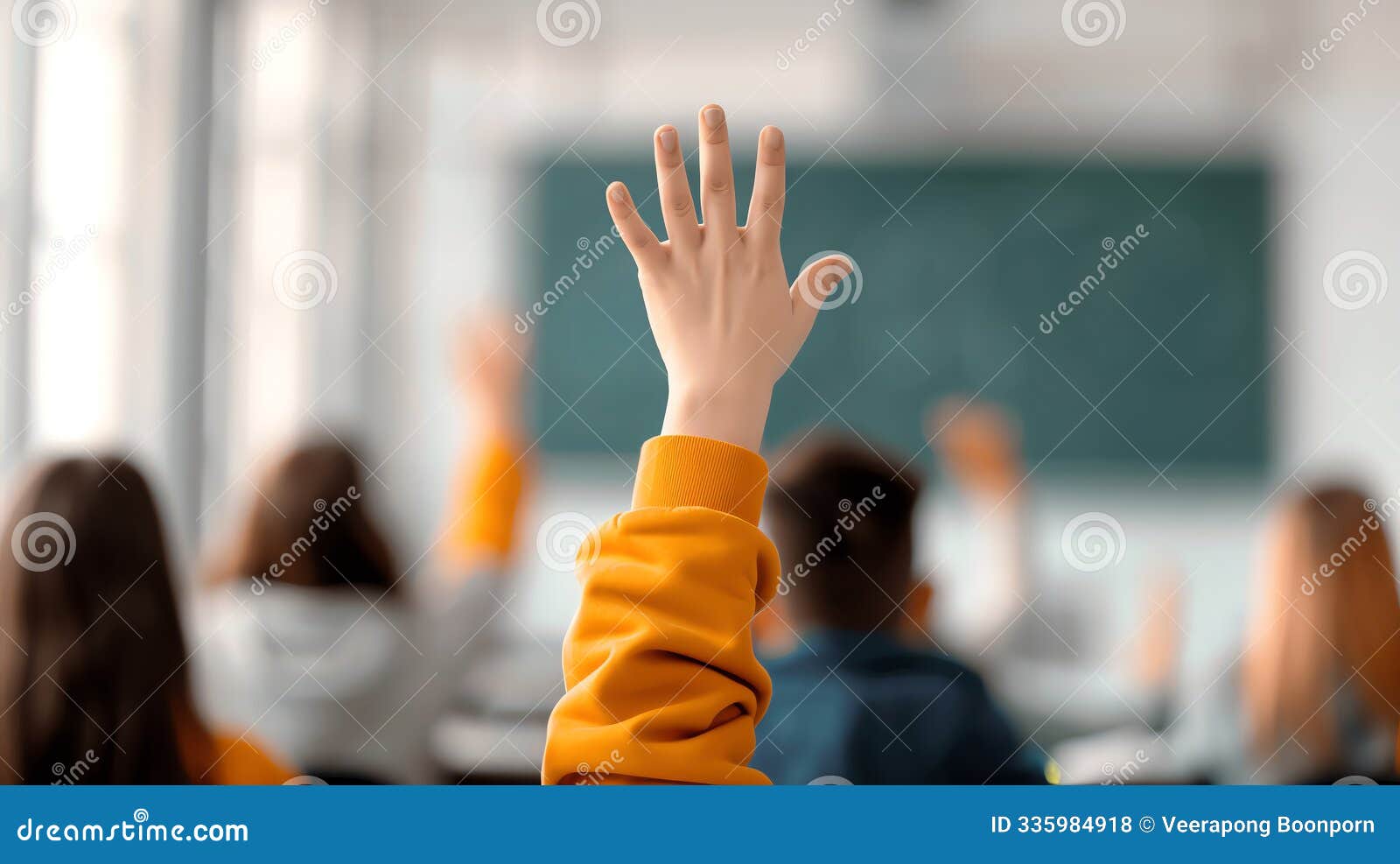 A Classroom with Students Raising Their Hands and a Teacher at the ...
