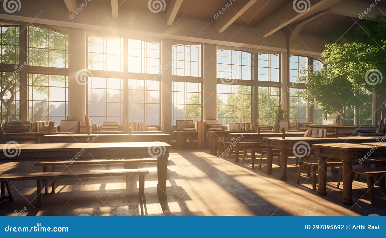 Classroom with Sunlight Streaming through Large Windows, Highlighting ...