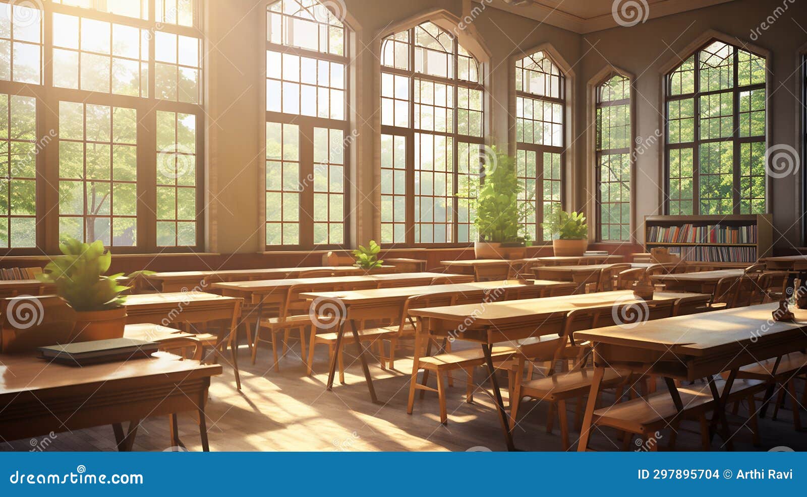Classroom with Sunlight Streaming through Large Windows, Highlighting ...