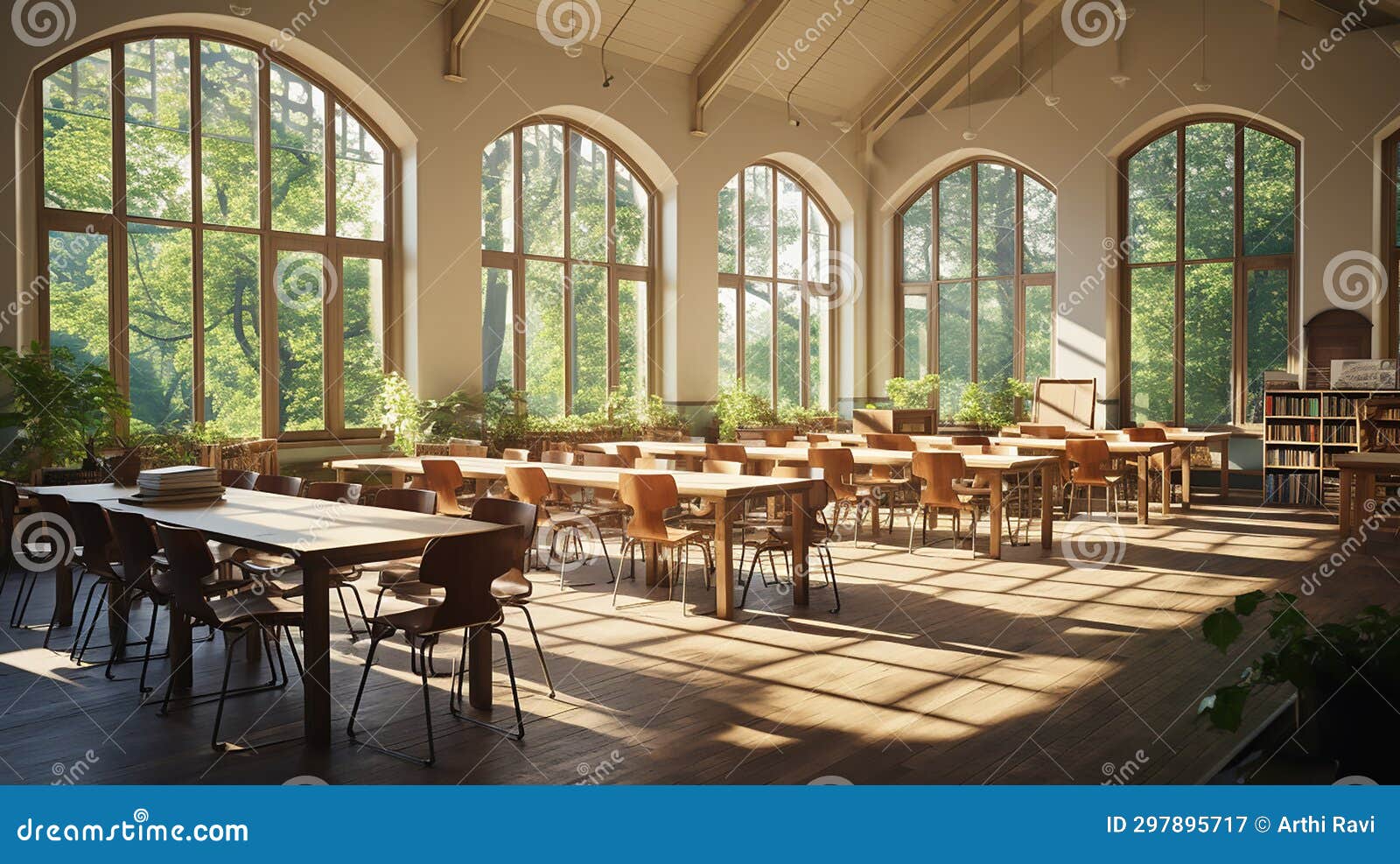 Classroom with Sunlight Streaming through Large Windows, Highlighting ...
