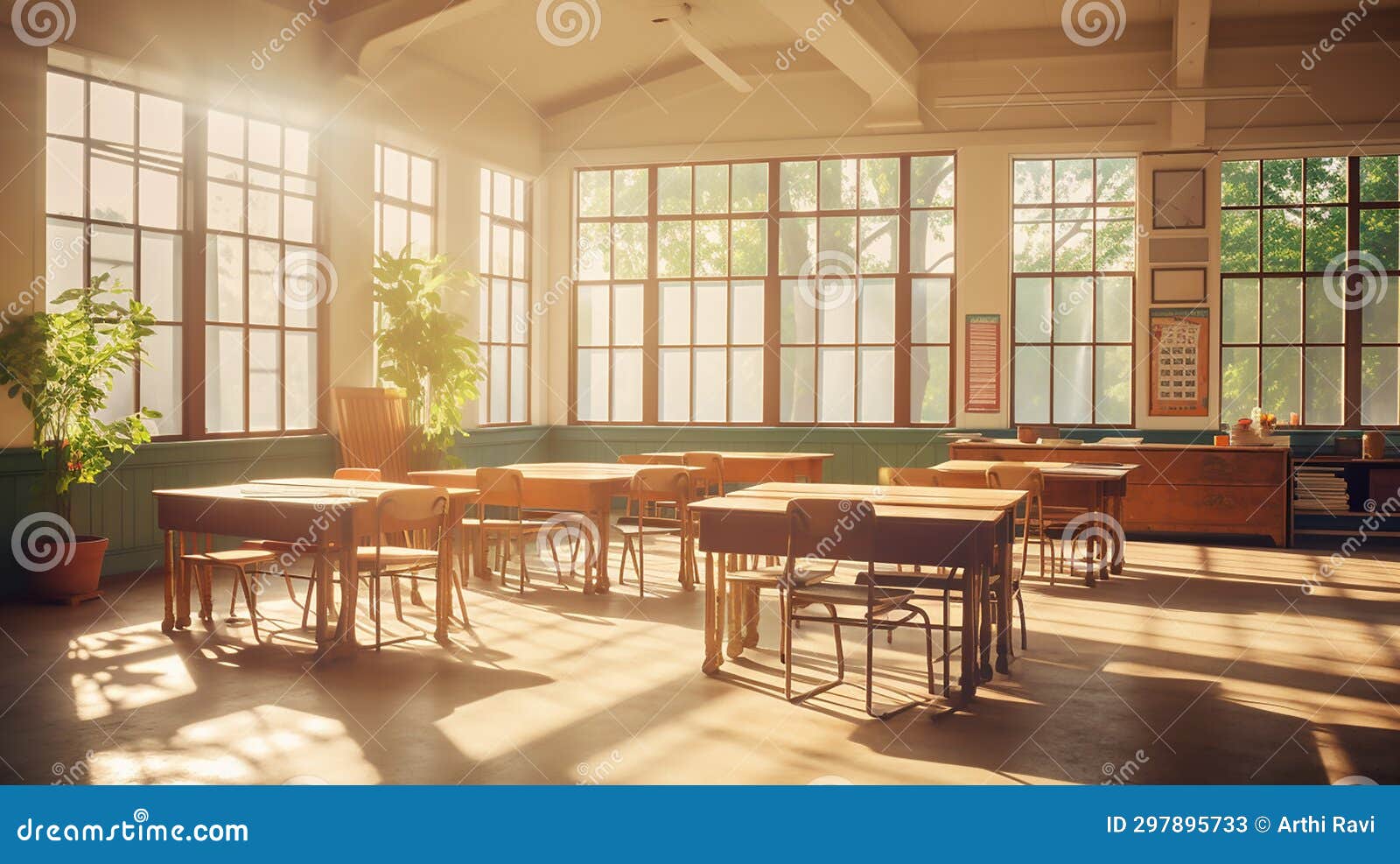 Classroom with Sunlight Streaming through Large Windows, Highlighting ...