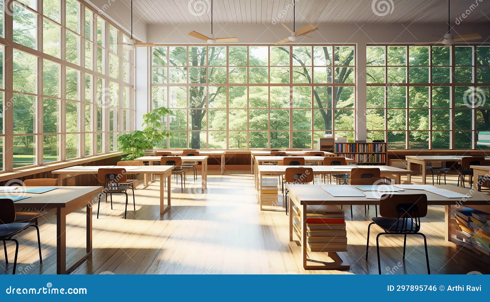 Classroom with Sunlight Streaming through Large Windows, Highlighting ...