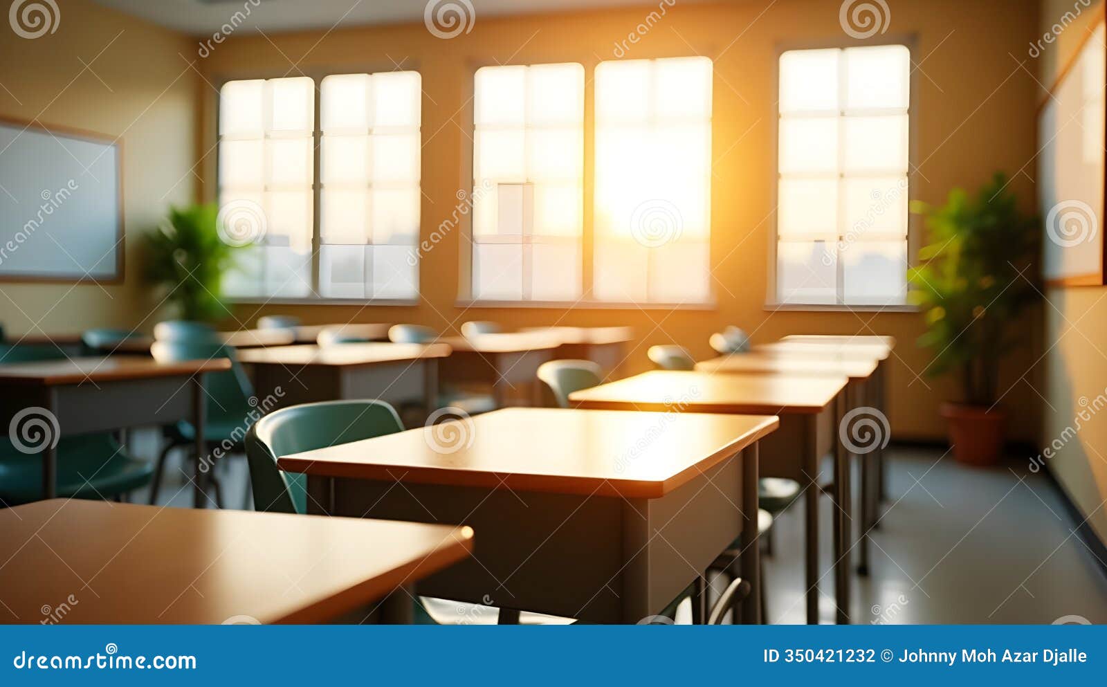 Classroom during Sunset with Warm Light Highlighting Rows of Empty ...