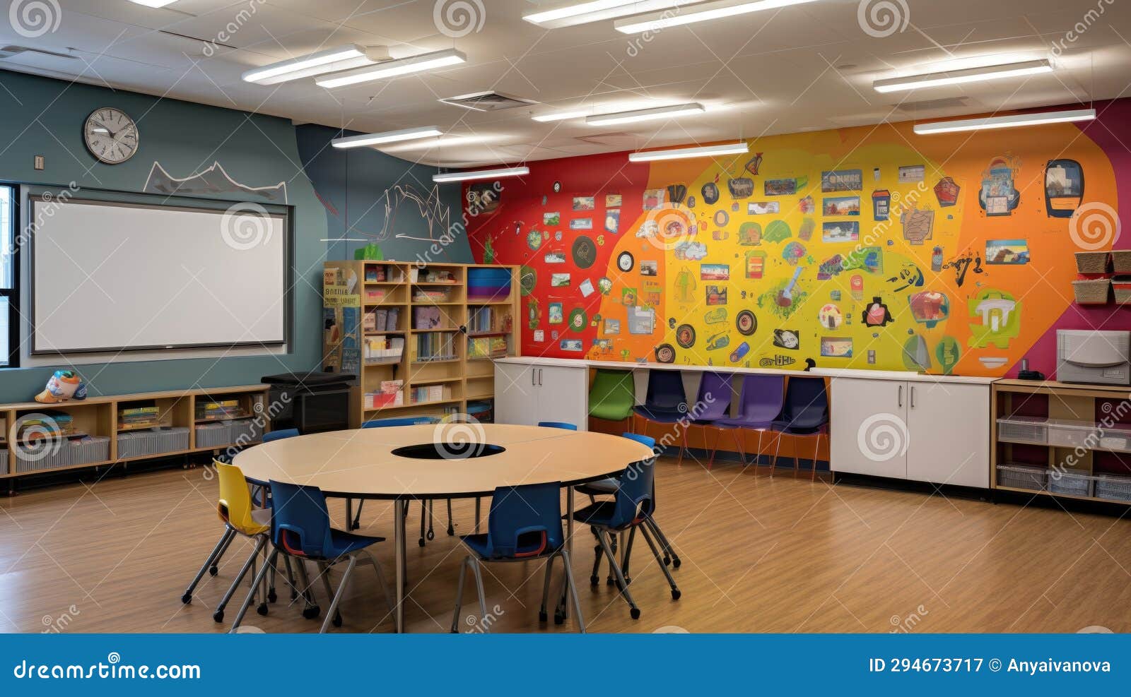 A Classroom with a Table, Chairs, and a Projector Screen Stock ...