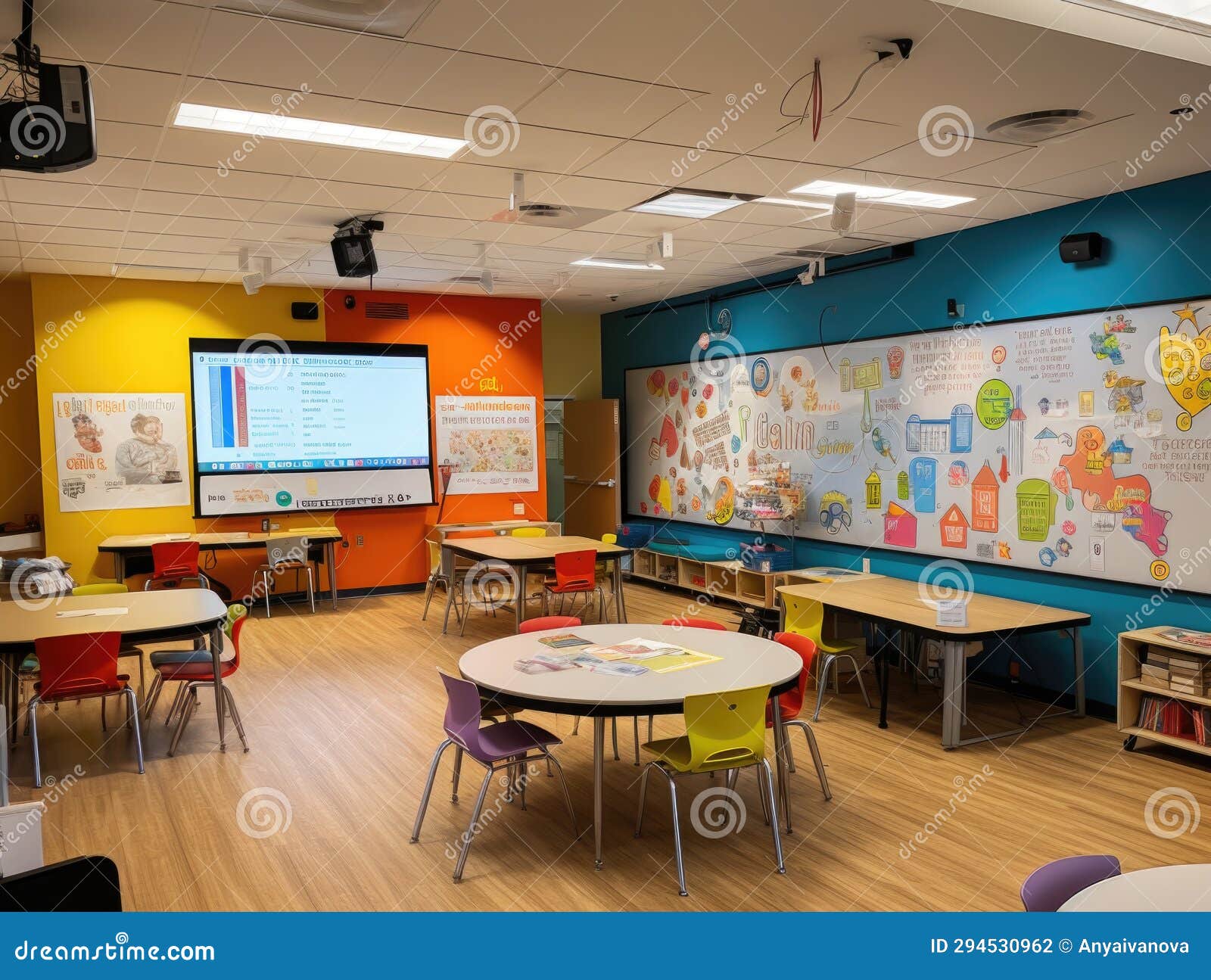 A Classroom with Tables, Chairs, and a Projector Screen Stock Photo ...