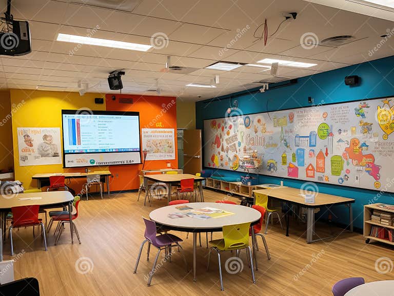 A Classroom with Tables, Chairs, and a Projector Screen Stock Photo ...