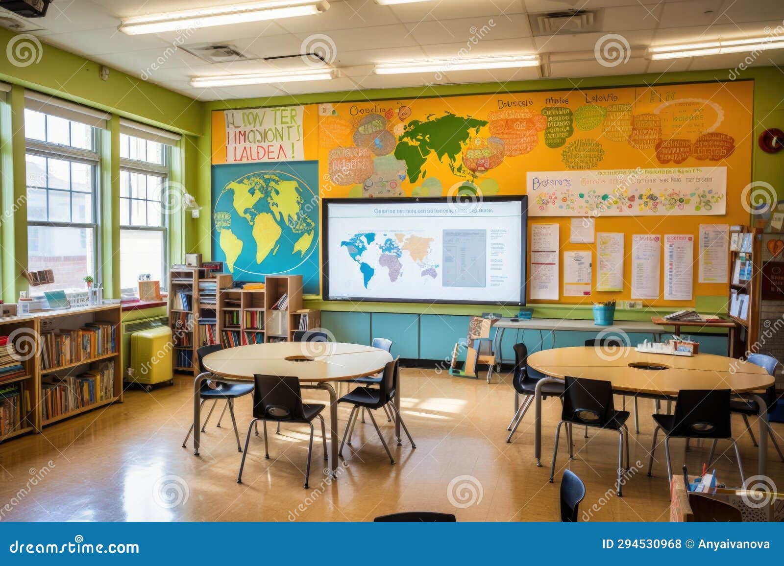 A Classroom with Tables, Chairs, and a Projector Screen Stock Photo ...