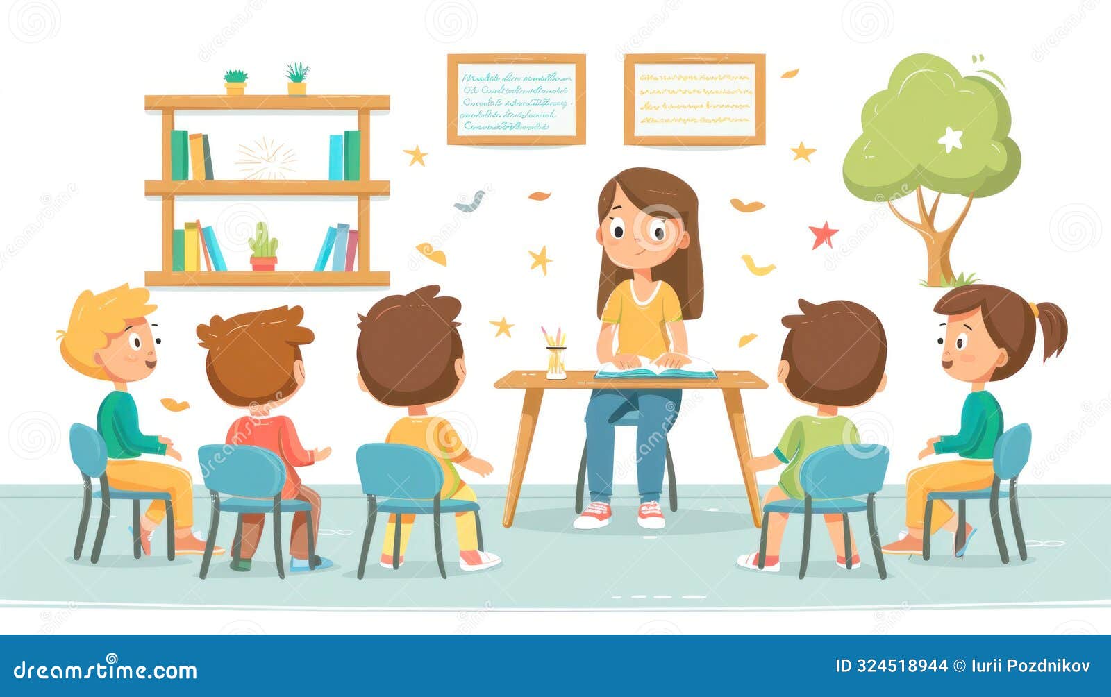 In a Classroom, a Teacher is Instructing a Class of Students on Various ...