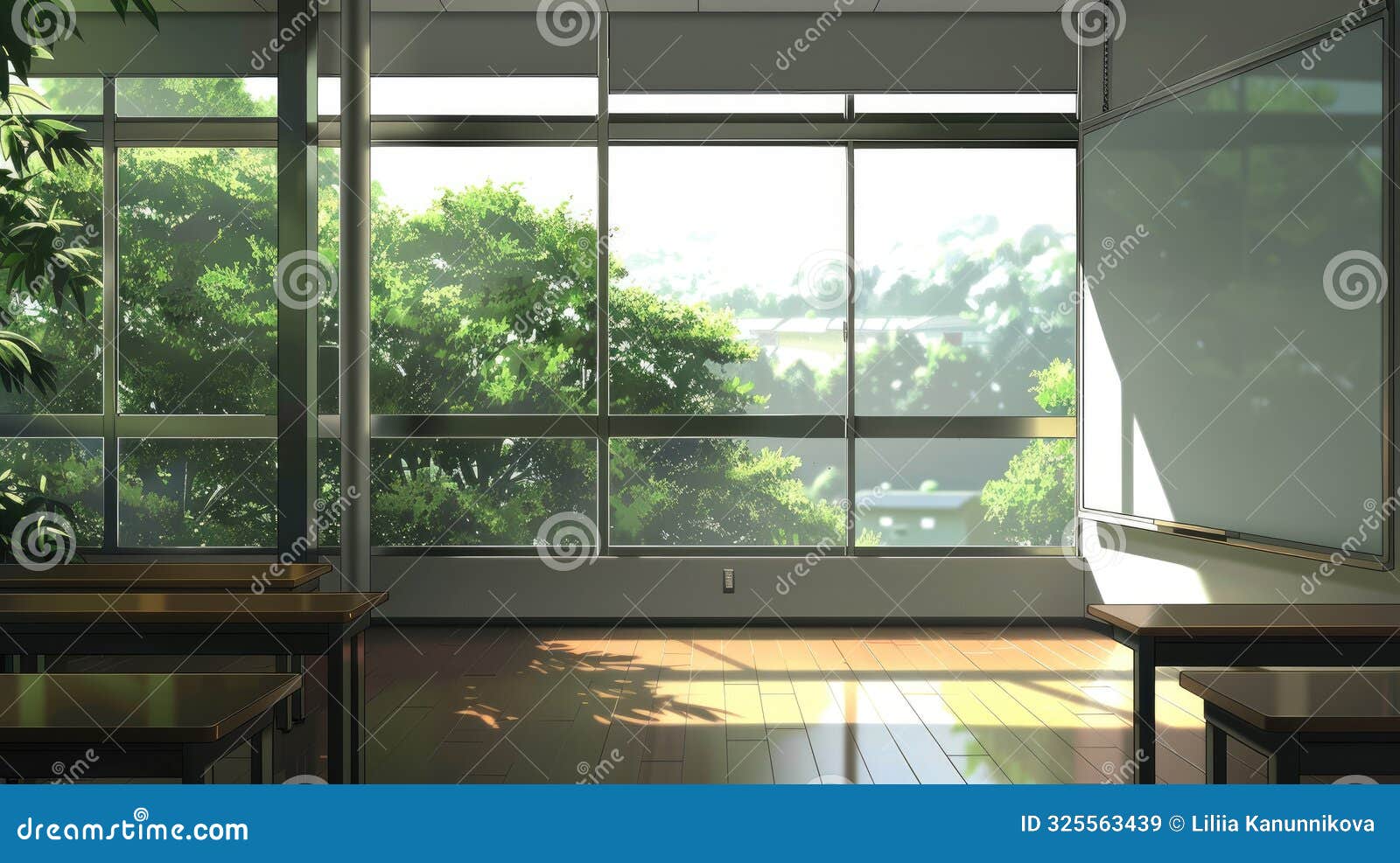 A Classroom with Wooden Desks and Chairs, Two Large Windows, and Palm ...