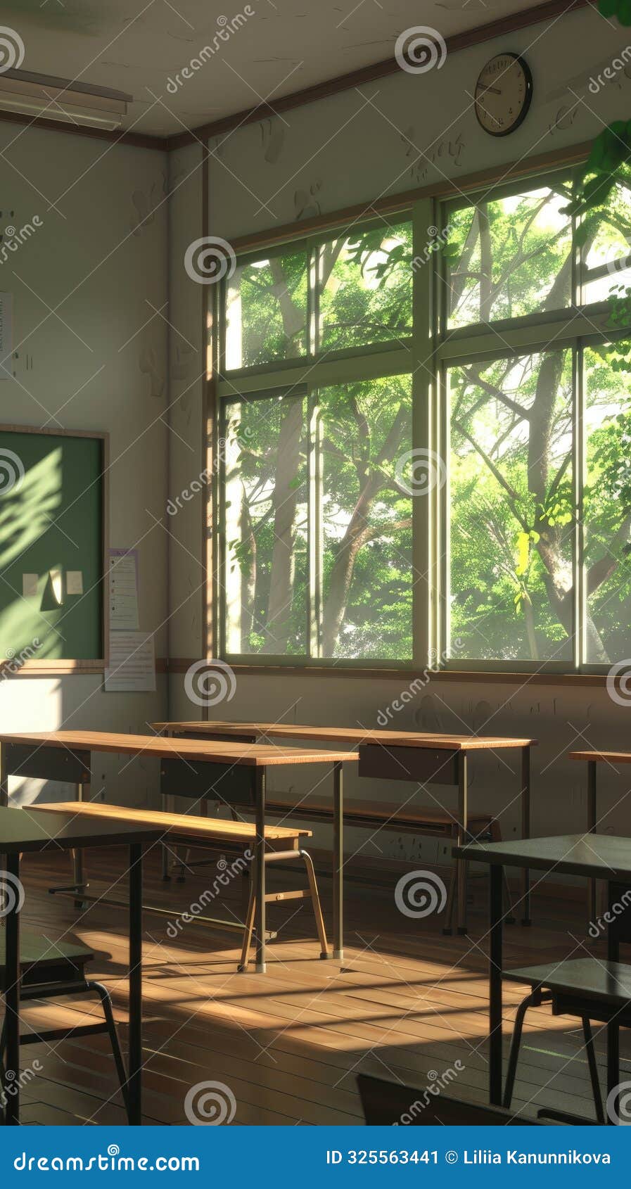 A Classroom with Wooden Desks and Chairs, Two Large Windows, and Palm ...