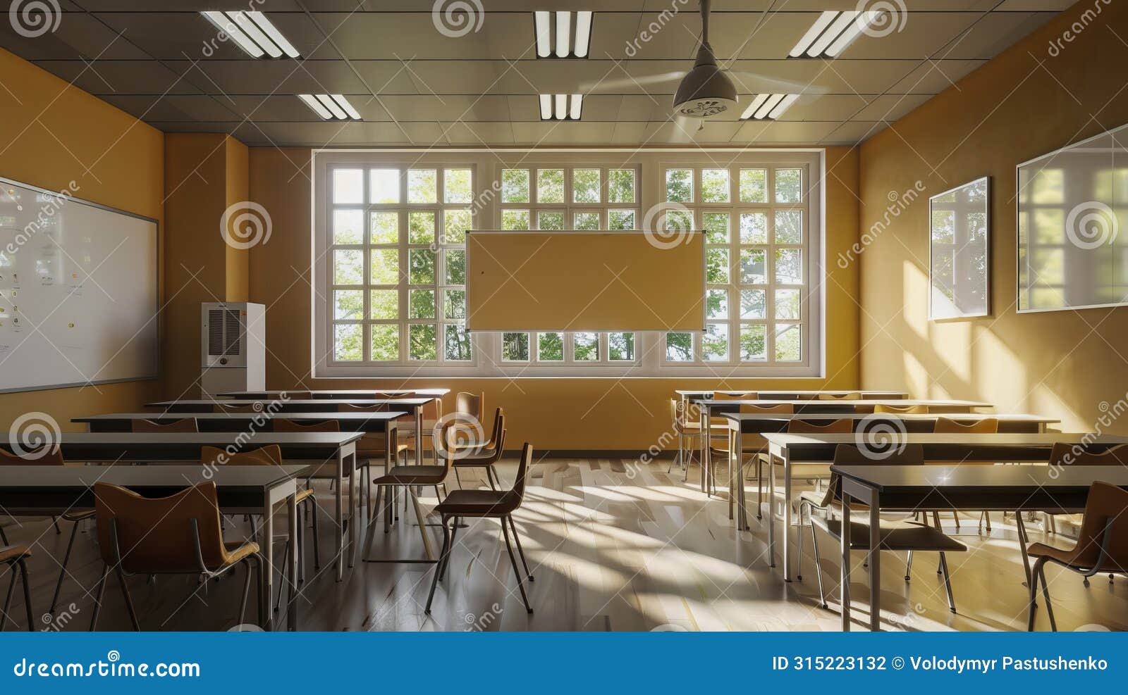 A Classroom with Yellow Walls and Windows Stock Photo - Image of design ...