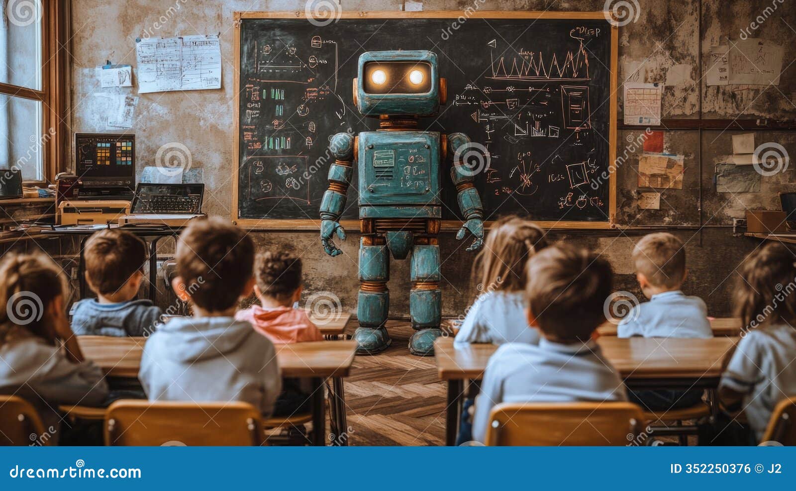 Classroom of Young Children Learning from a Blue Retro Robot in Front ...