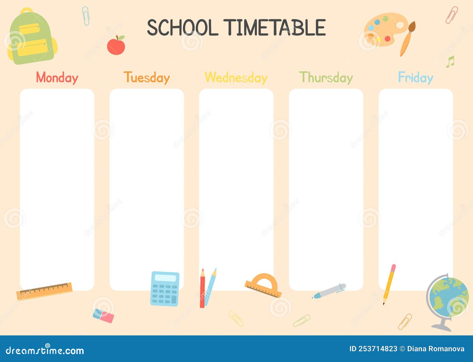 Cute Childish School Timetable. Weekly Planner for Students, Pupils ...