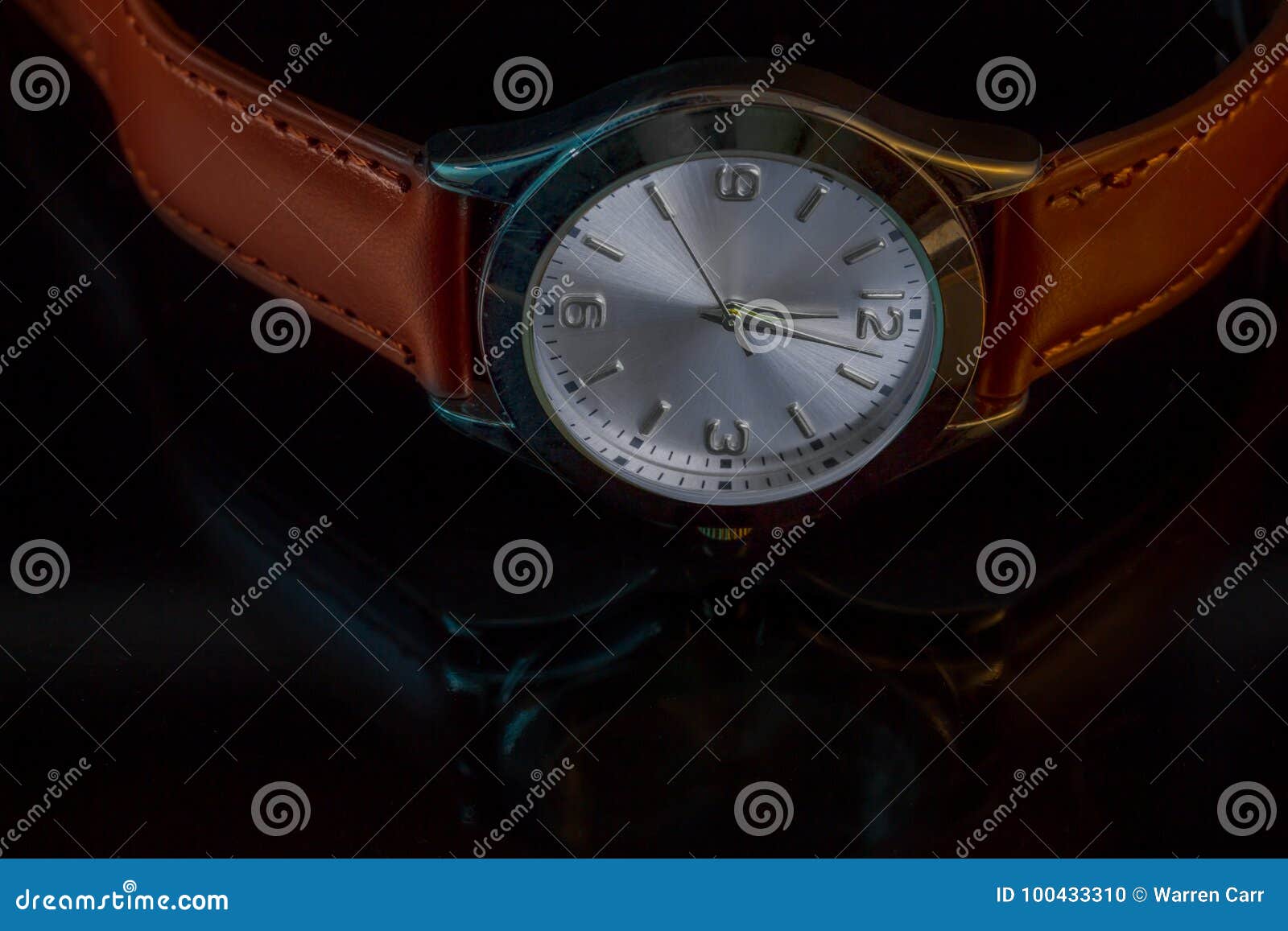 Classy Leather Watch Reflected on Black Table Stock Photo - Image of ...