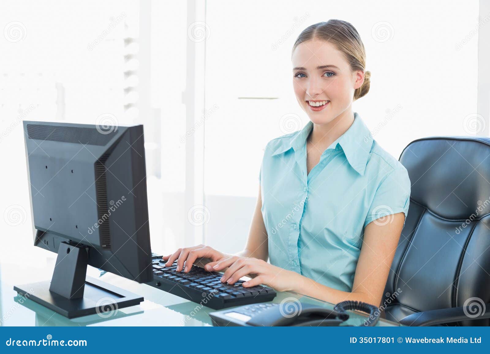 Classy Smiling Businesswoman Working at Computer Stock Image - Image of ...