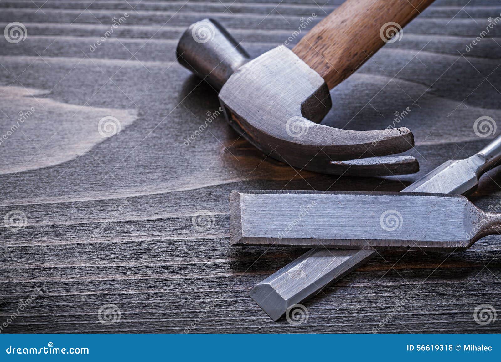 Claw Hammer and Flat Chisels on Vintage Wood Board Stock Photo - Image ...