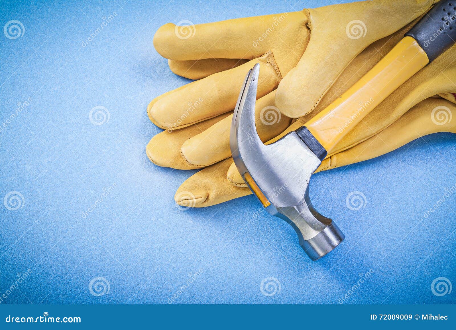 Claw Hammer Safety Gloves on Blue Background Construction Concep Stock ...