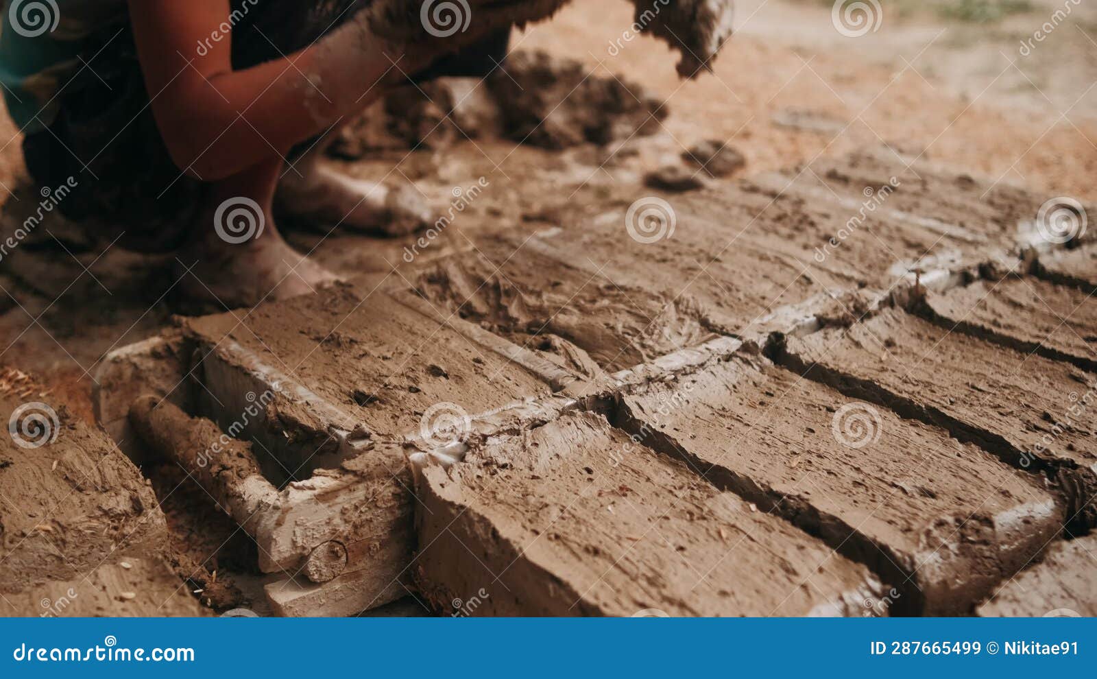 Clay Bricks Making Traditional Method in Central Asia. Handmade Work ...