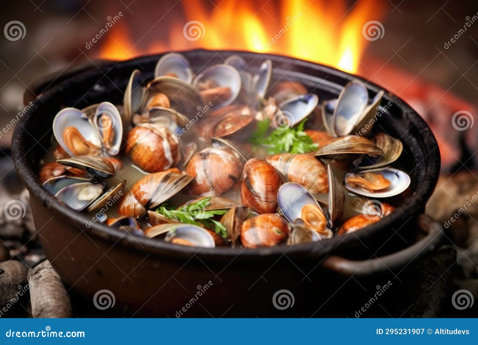 Clay Pot with Clams Steaming Over Flame Stock Image - Image of clay ...