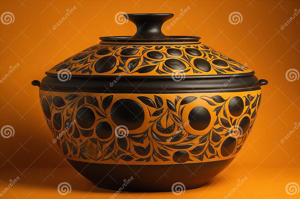 Clay Pot with Pattern on Orange Background. Generative Ai Stock ...
