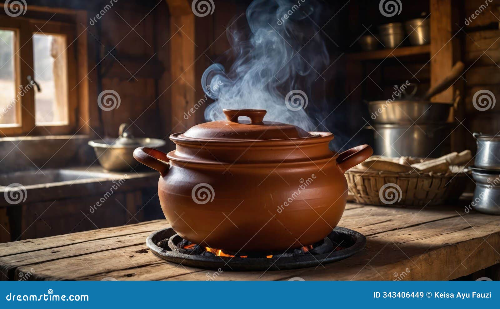 A Clay Pot Simmering on a Stove, Releasing Steam in a Rustic Kitchen ...