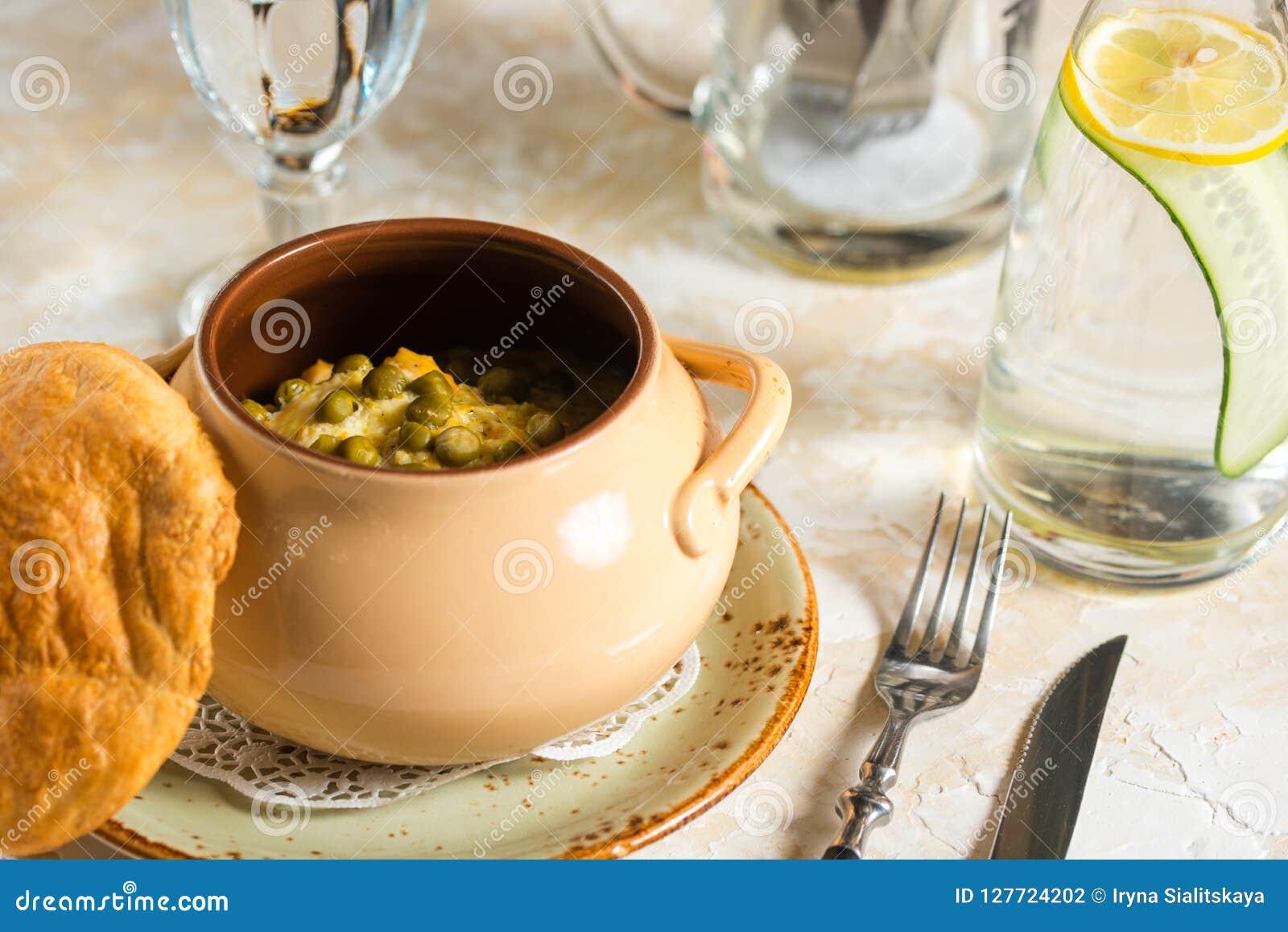 Clay Pot Under the Bread Lid - Hot Vegetables and Meat Served in a ...