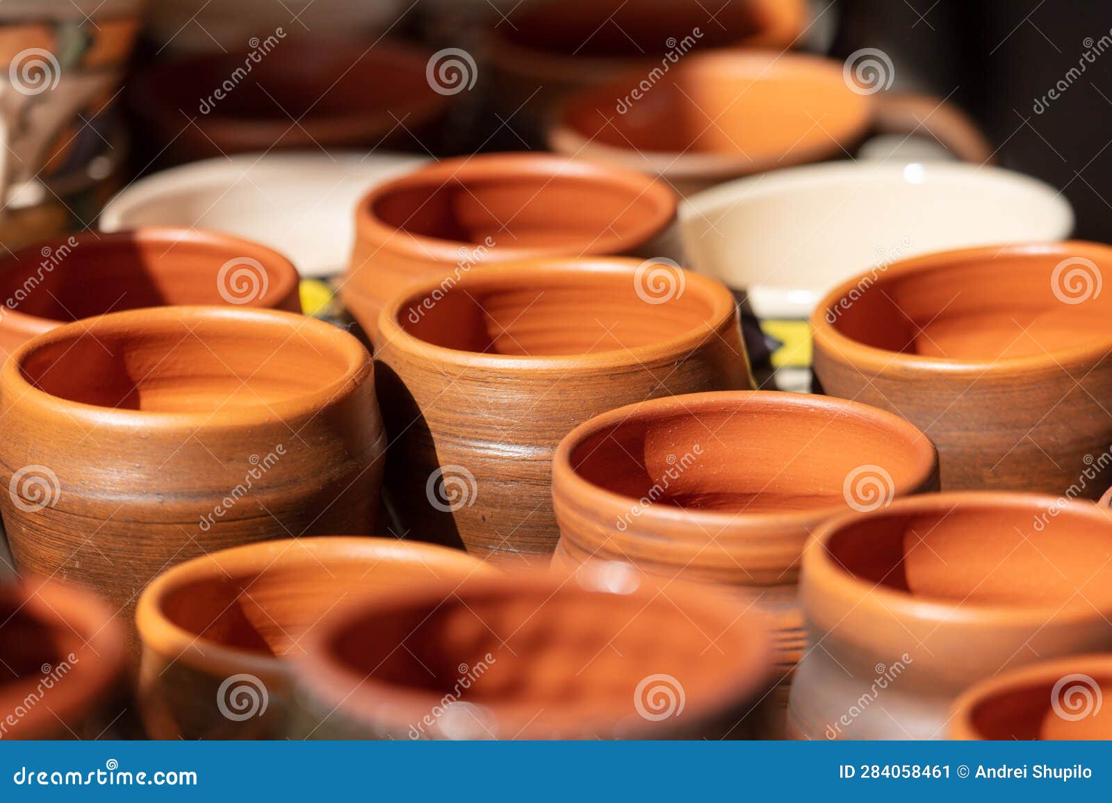 Clay Pots on the Shelf in the Store, Closeup of Photo Stock Image ...
