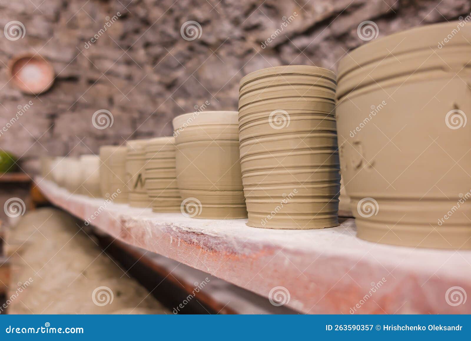 Clay Pots Stand on a Shelf in a Row Stock Image - Image of decorative ...