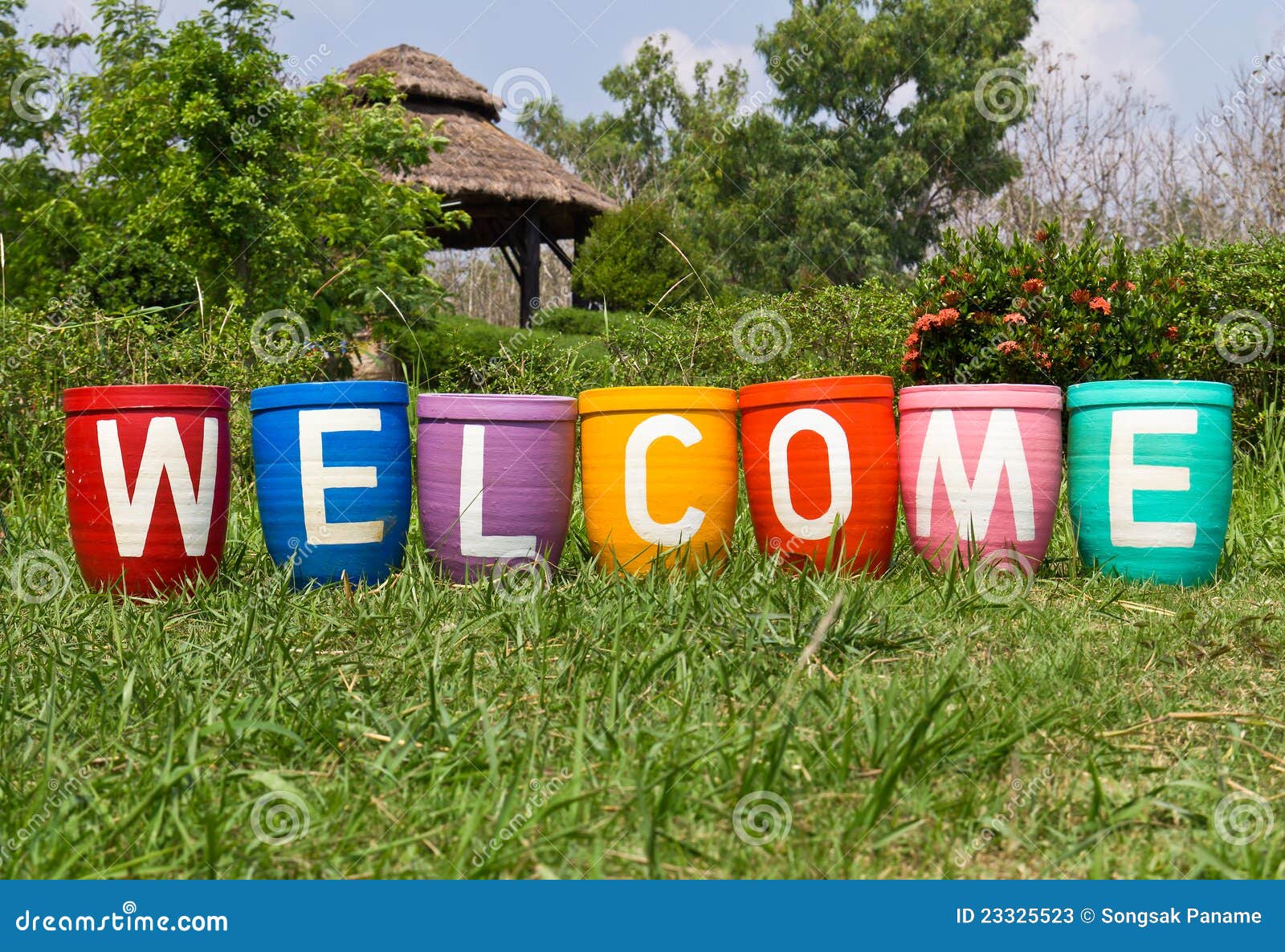 Clay Pots with Welcome Message Stock Image - Image of colorful, plant ...