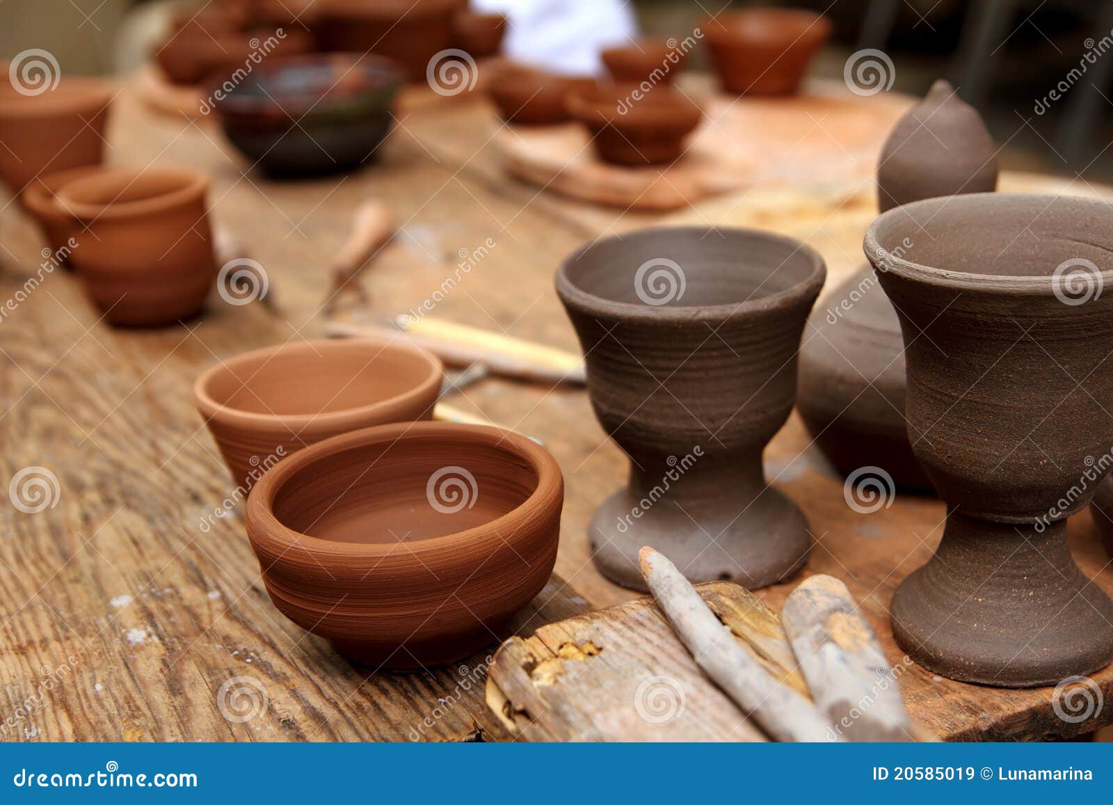 Clay Pottery Handcrafts on Vintage Table Stock Image - Image of table ...