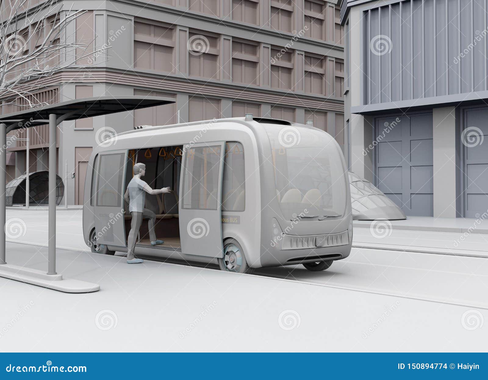 Clay Rendering of a Low Polygon Style Man Get on a Autonomous Bus Stock ...