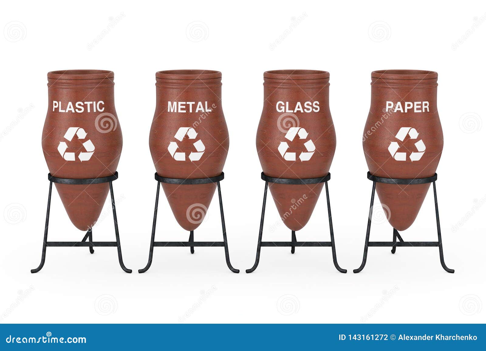 Garbage Clay Trash Bin Pots With Recycle Signs In Empty City Street ...