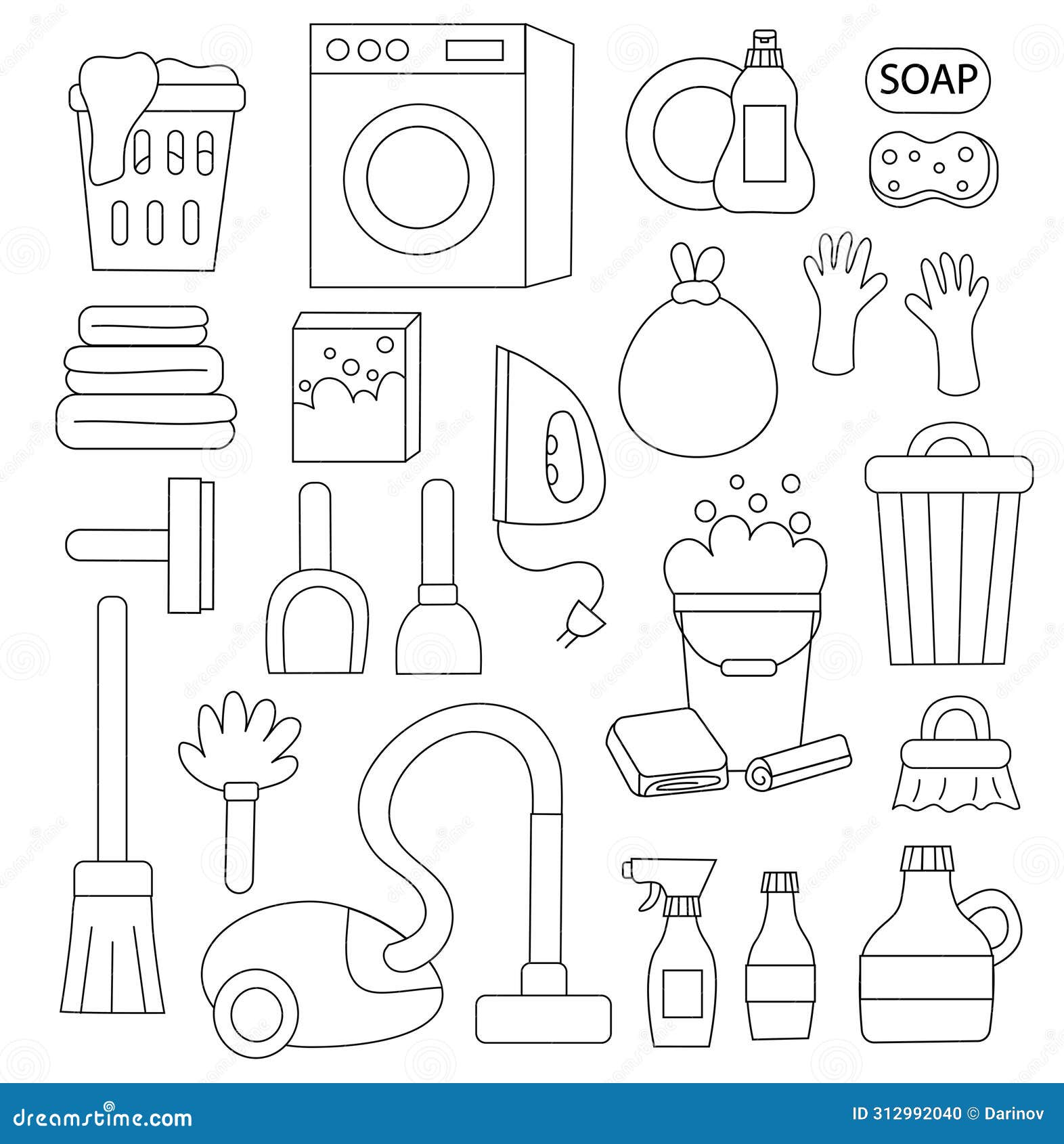 Cleaning Set Elements. Outline Lineart Simple Style. Black and White ...