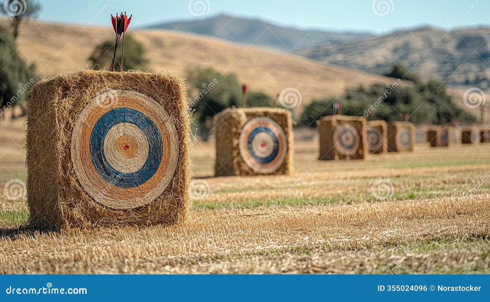 A Clean Archery Range with a Bow, Arrows, and Hay Bale Targets Stock ...