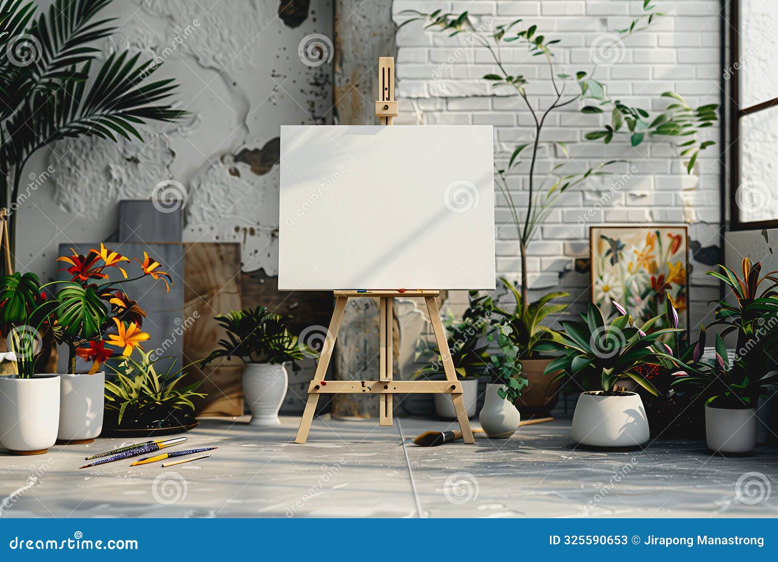 Clean Art Studio with Blank Easel, White Brick Wall, Natural Light ...