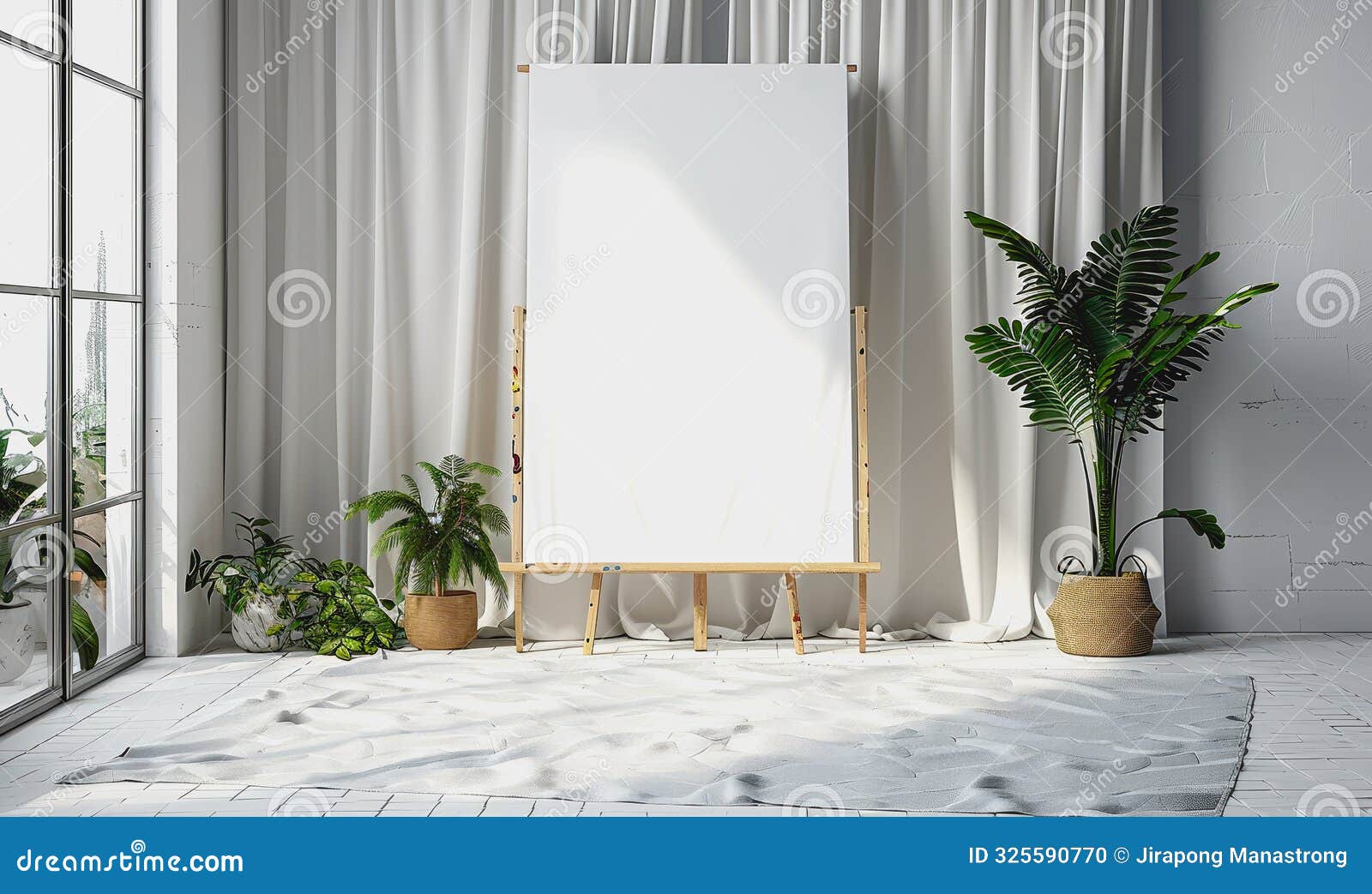 Clean Art Studio with Blank Easel, White Brick Wall, Natural Light ...