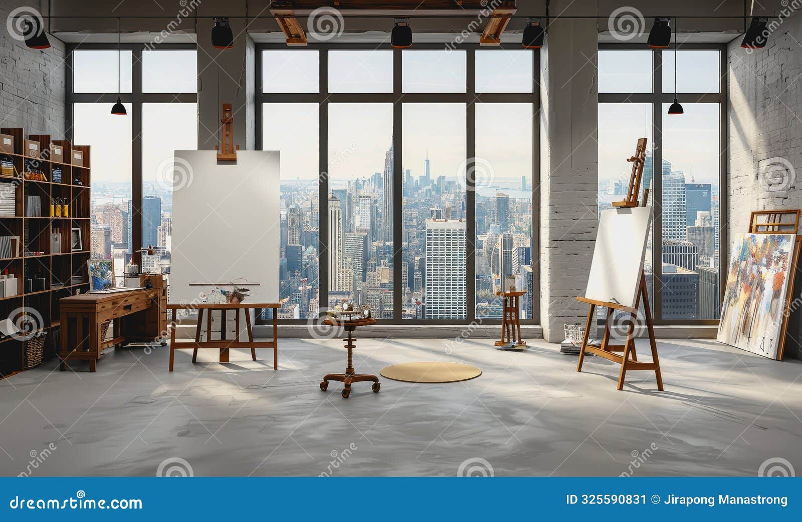 Clean Art Studio with Blank Easel, White Brick Wall, Natural Light ...